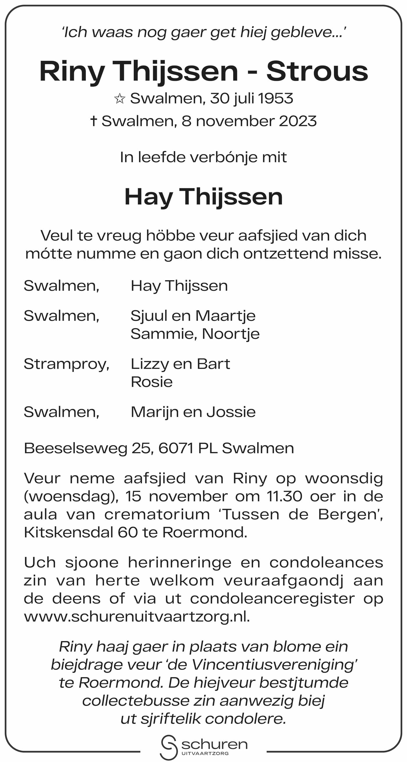 Riny Thijssen - Strous-Swalmen - Schuren Uitvaartzorg